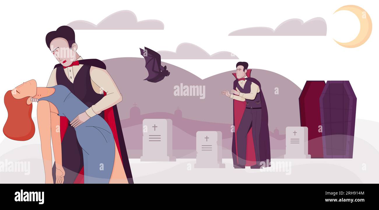 Vampire bat flat composition with cemetery landscape moon clouds and ...