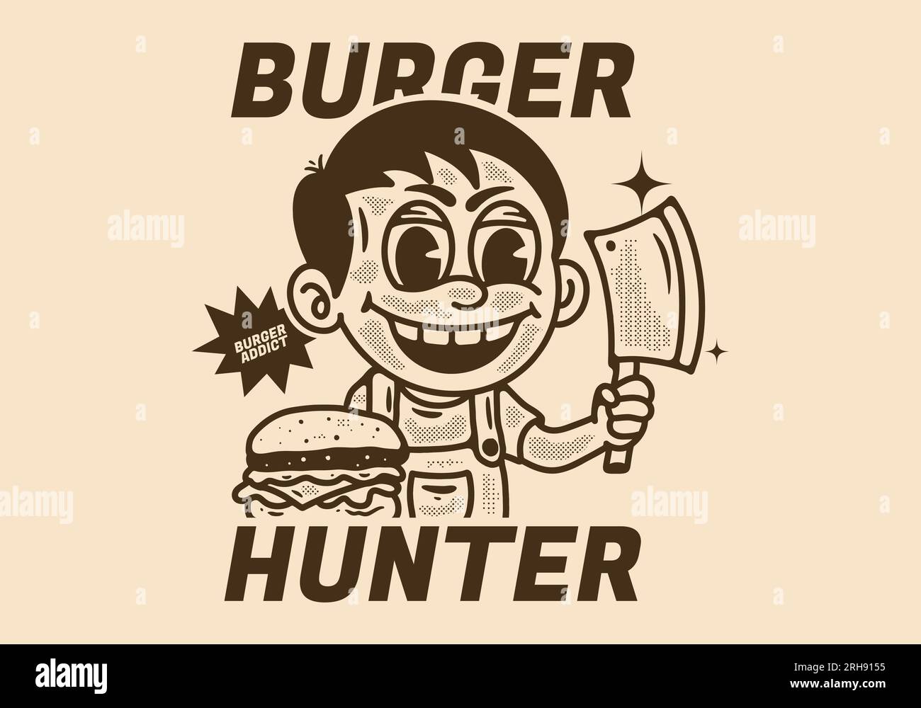 Burger hunter, illustration of a boy holding butcher knife with burger ...