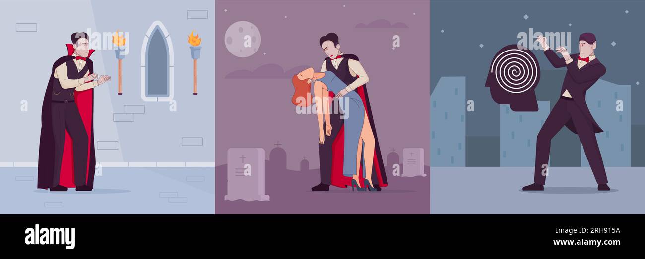 Vampire bat set of three square compositions with spooky landscapes and ...