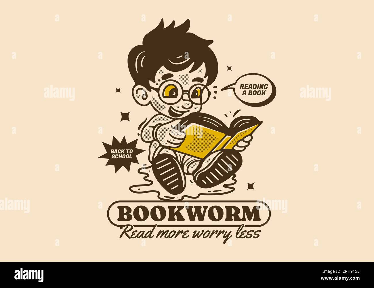 Bookworm, read more worry less, illustration of a little boy sitting ...