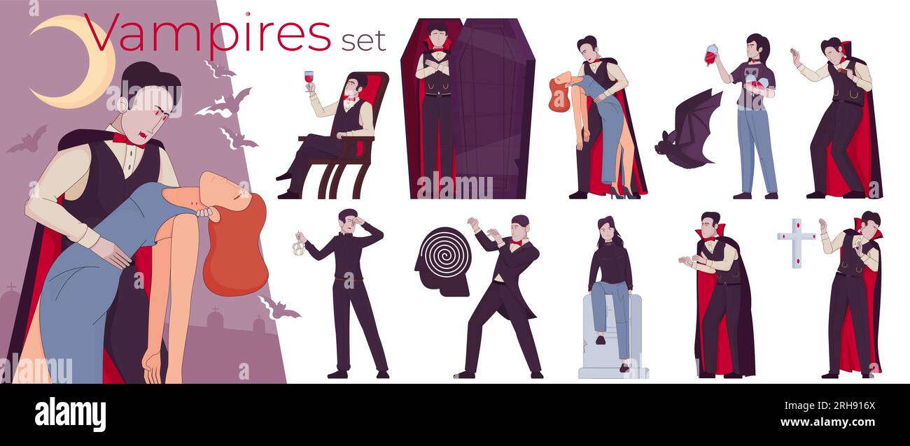 Vampire bat flat composition with set of isolated icons showing ...