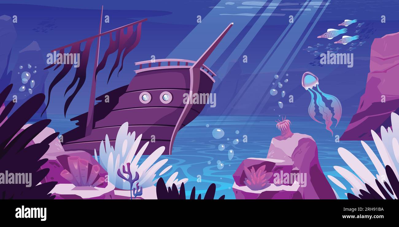 Underwater cartoon colored poster with destroyed sunken wooden boat on ...