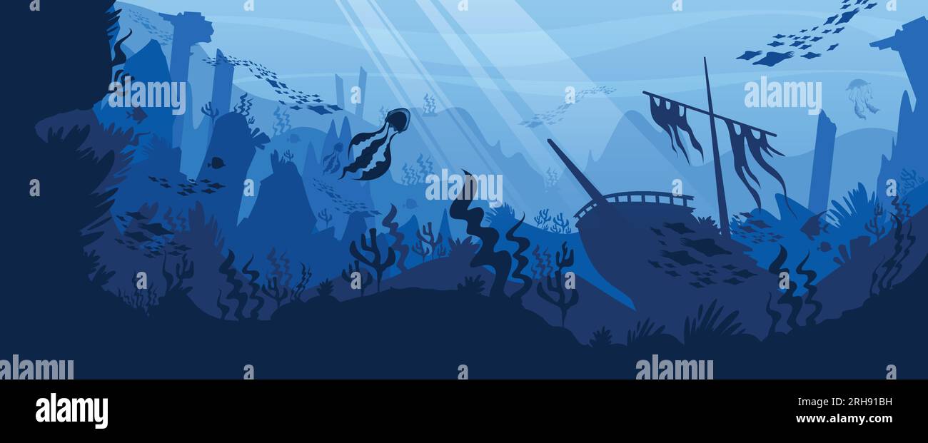 Underwater world pc game background with silhouette of ship on seabed ...