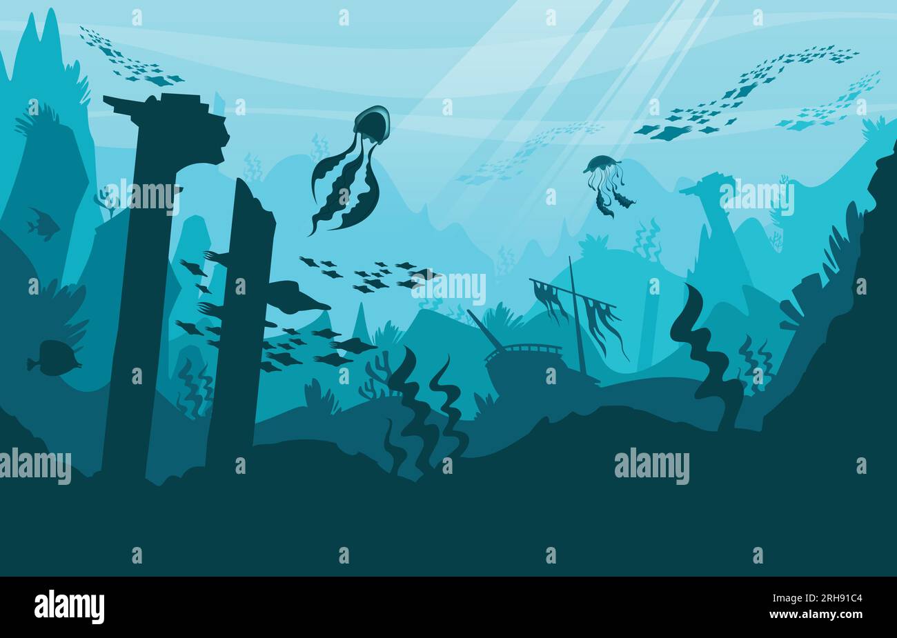 Underwater world background with silhouettes of sunken vessel and ...