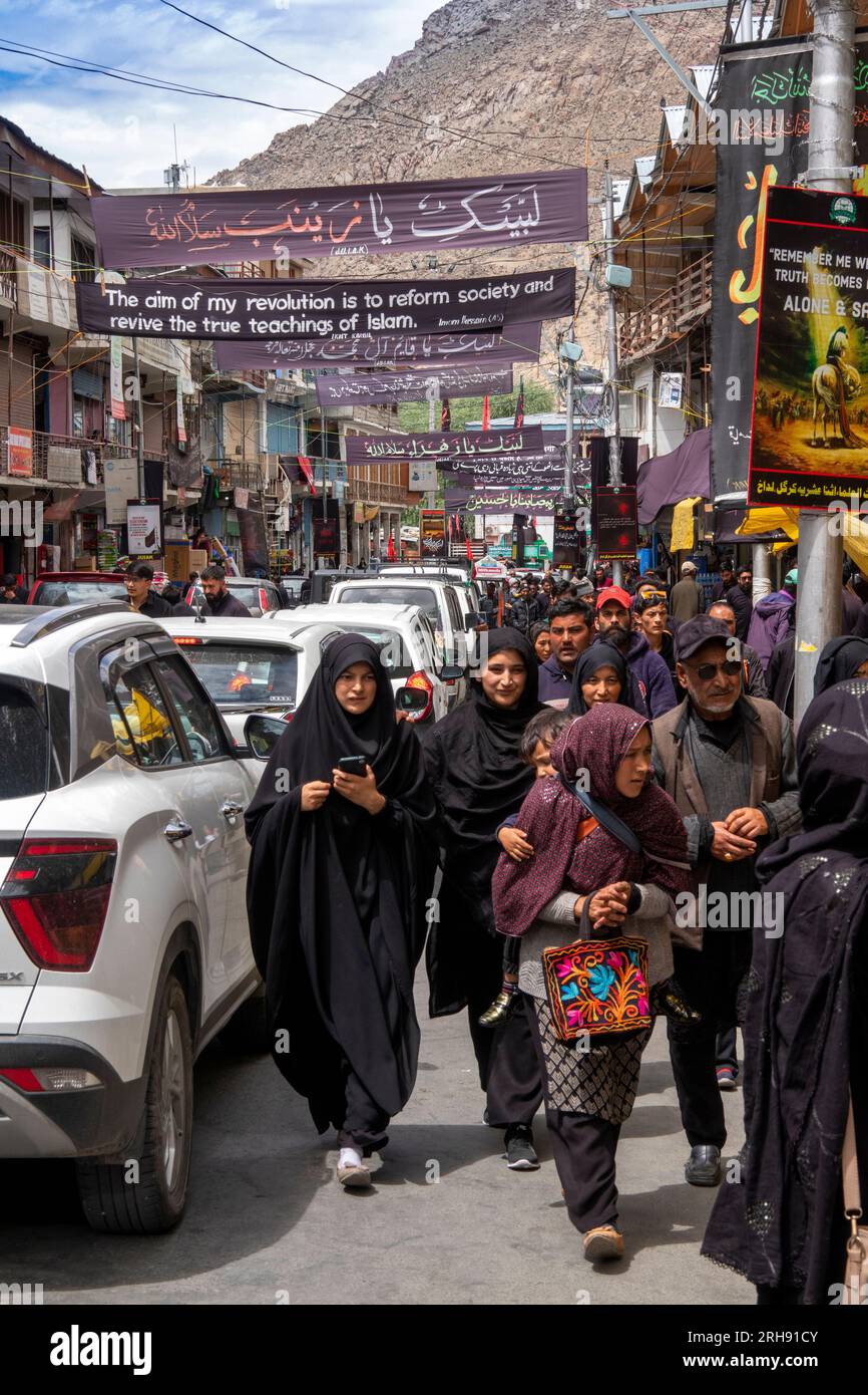 India, Jammu & Kashmir, Kargil main bazaar, crowds for Ashura, Muharram ...