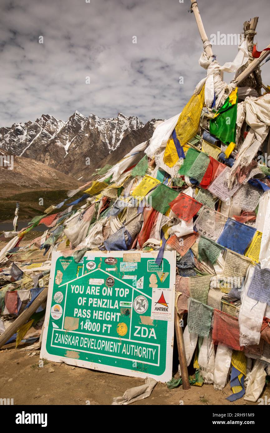 India, Ladakh, Zanskar, Buddhist prayer flags at 14,436’ Penzi La pass ...