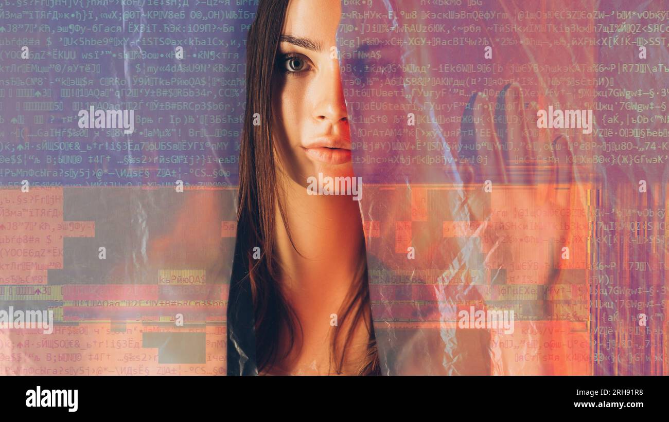 Cyber security curious woman glitch encryption Stock Photo - Alamy