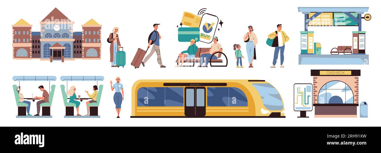 Railway station flat icons set with passengers and train wagon isolated vector illustration ...