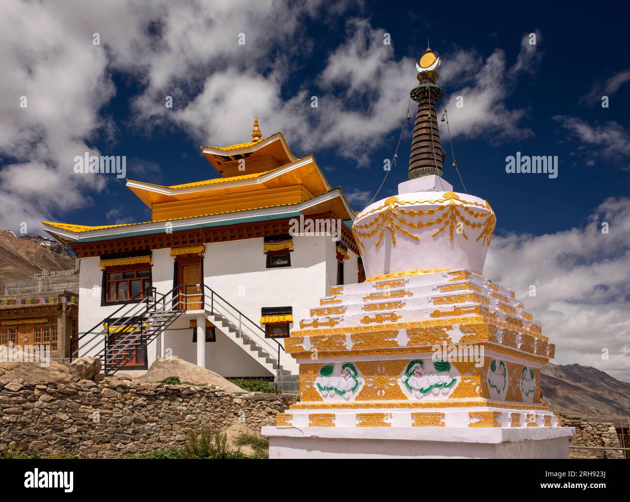 India, Ladakh, Zanskar, Padum Khar, Old Town, new decorated chorten and ...