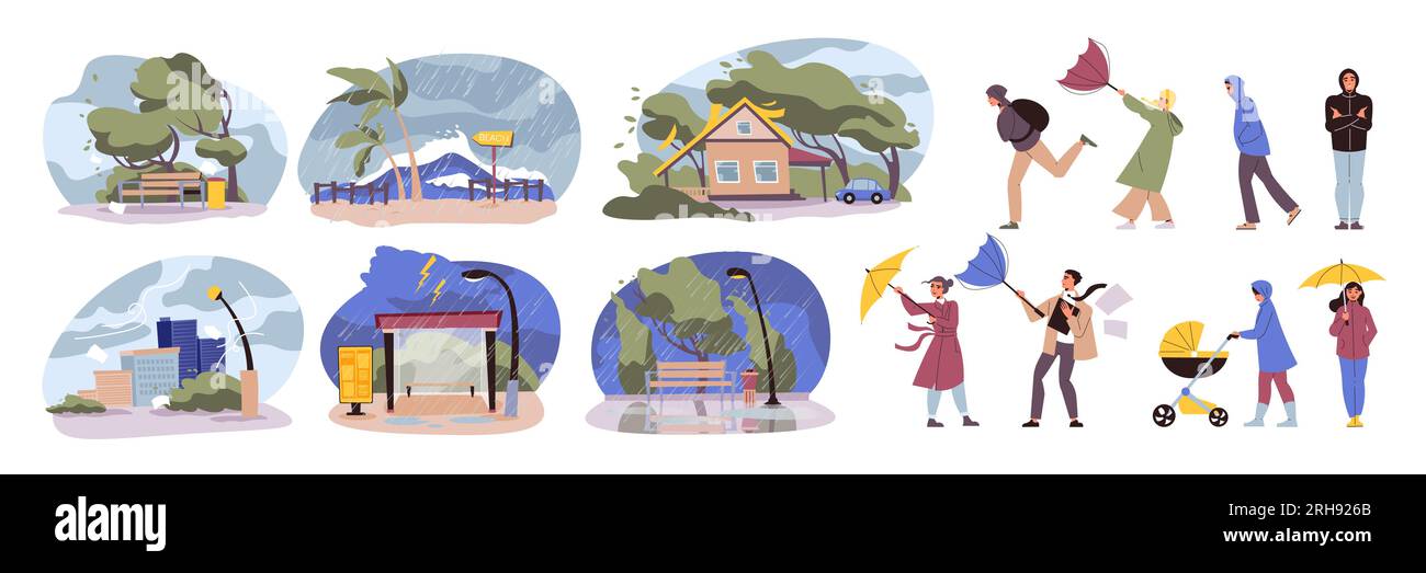 Rain storm flat icons set with people suffering from bad weather ...