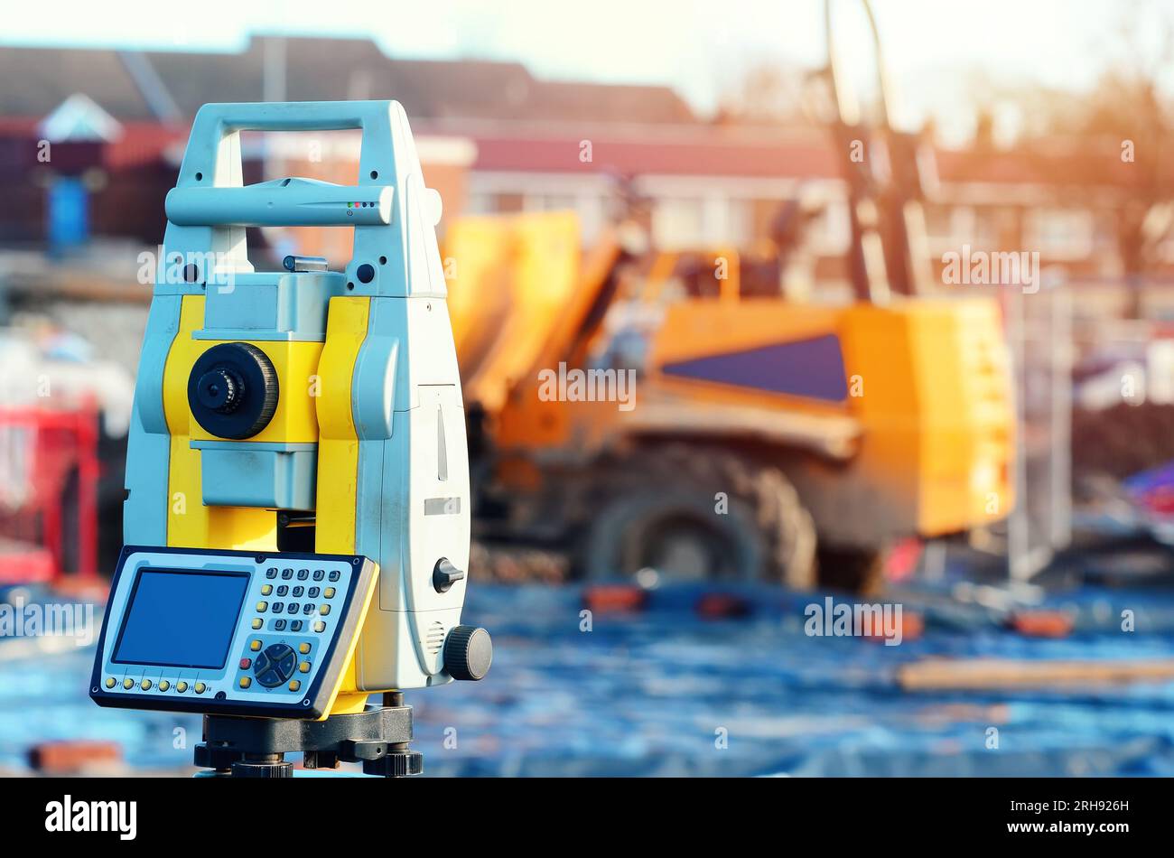 Close-up of surveyor optical equipment tacheometer or theodolite on ...