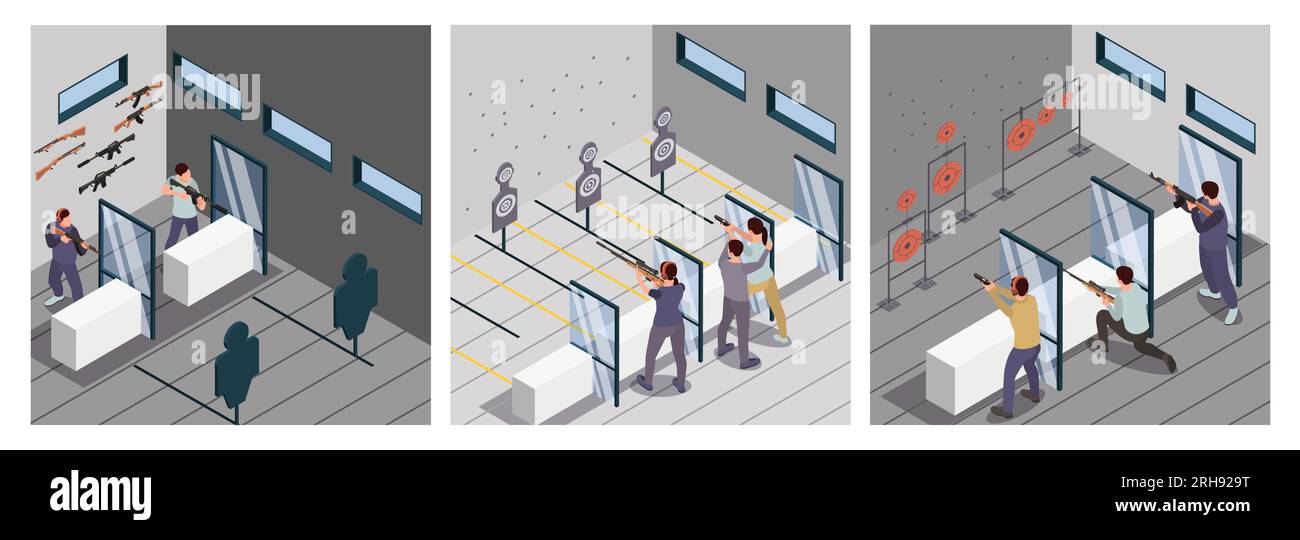 Shooting range set with firearm club symbols isometric isolated vector ...