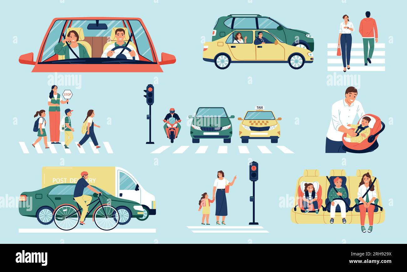 Safety and transport color set with city road symbols flat isolated ...