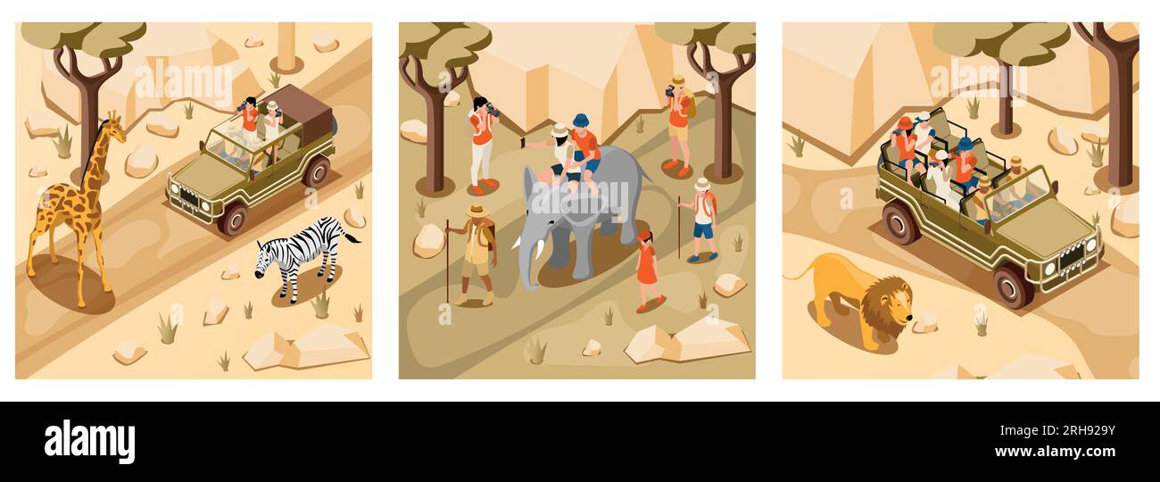 Safari tourist composition set with wild animals symbols isometric ...