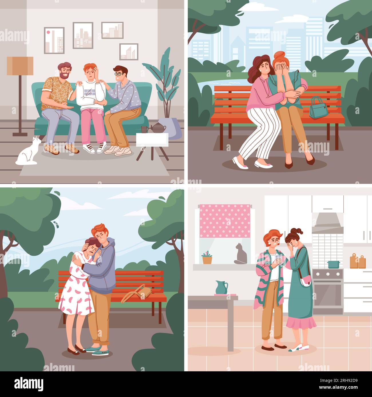 People support flat set of isolated square compositions with hugging ...