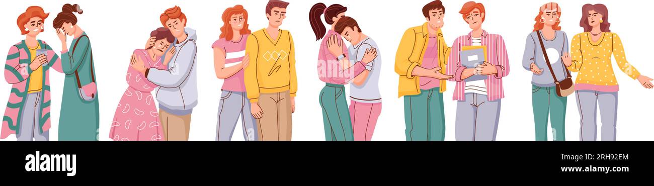 People support flat set with isolated compositions of doodle human ...