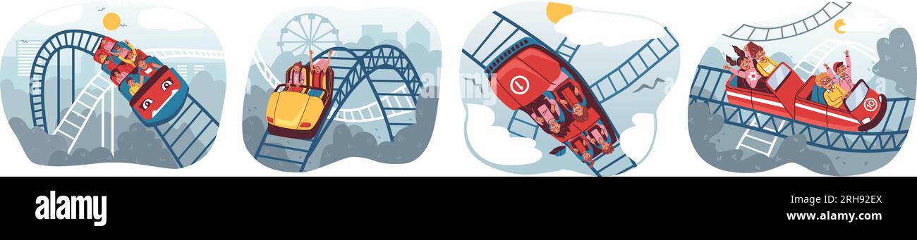 Roller coaster flat set of isolated compositions with silhouette views ...