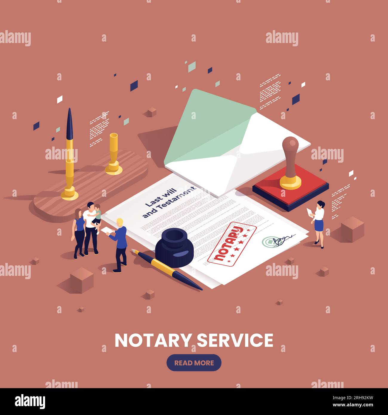 Notary services isometric and colored composition with last will and ...