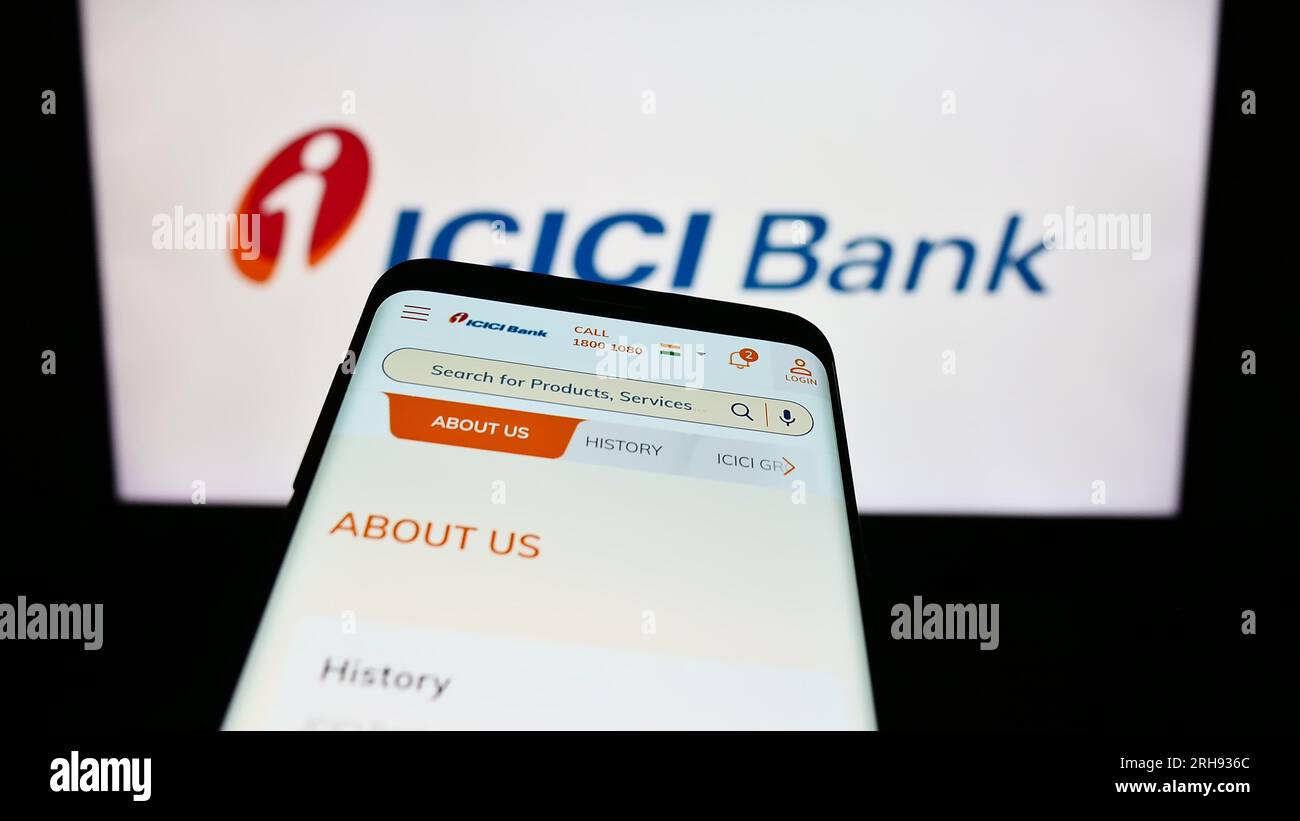 Mobile phone with website of Indian financial company ICICI Bank ...