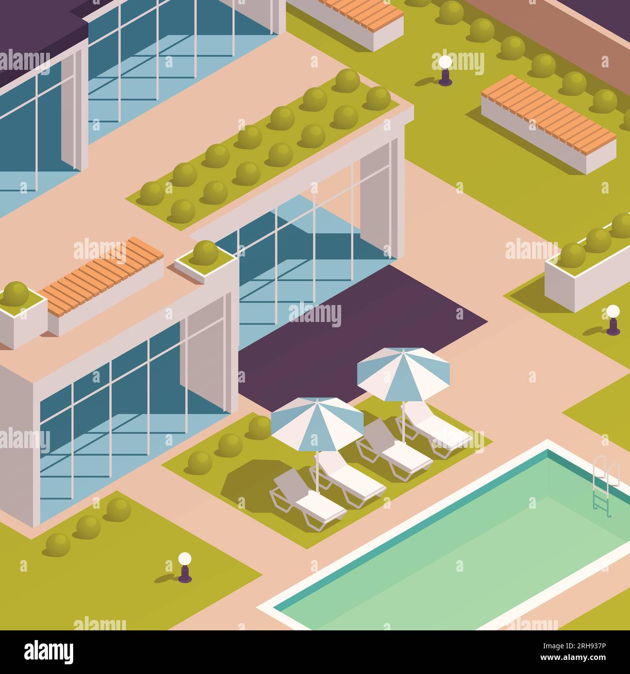 Urban city green spaces eco design isometric colored composition with beautiful cottage with ...