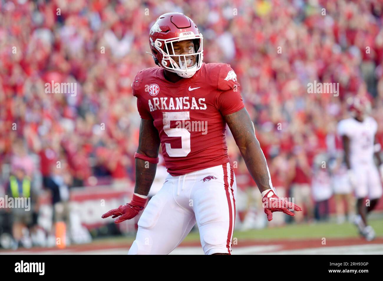 FILE - Arkansas running back Raheim Sanders (5) celebrates after a ...