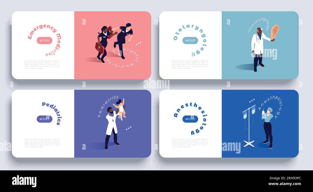 Four horizontal sections of medicine isometric banner set with ...