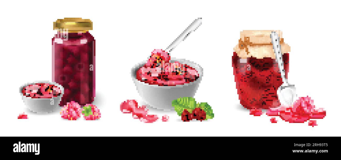 Realistic jam set of compositions with berry jam spoons glass cans and ...