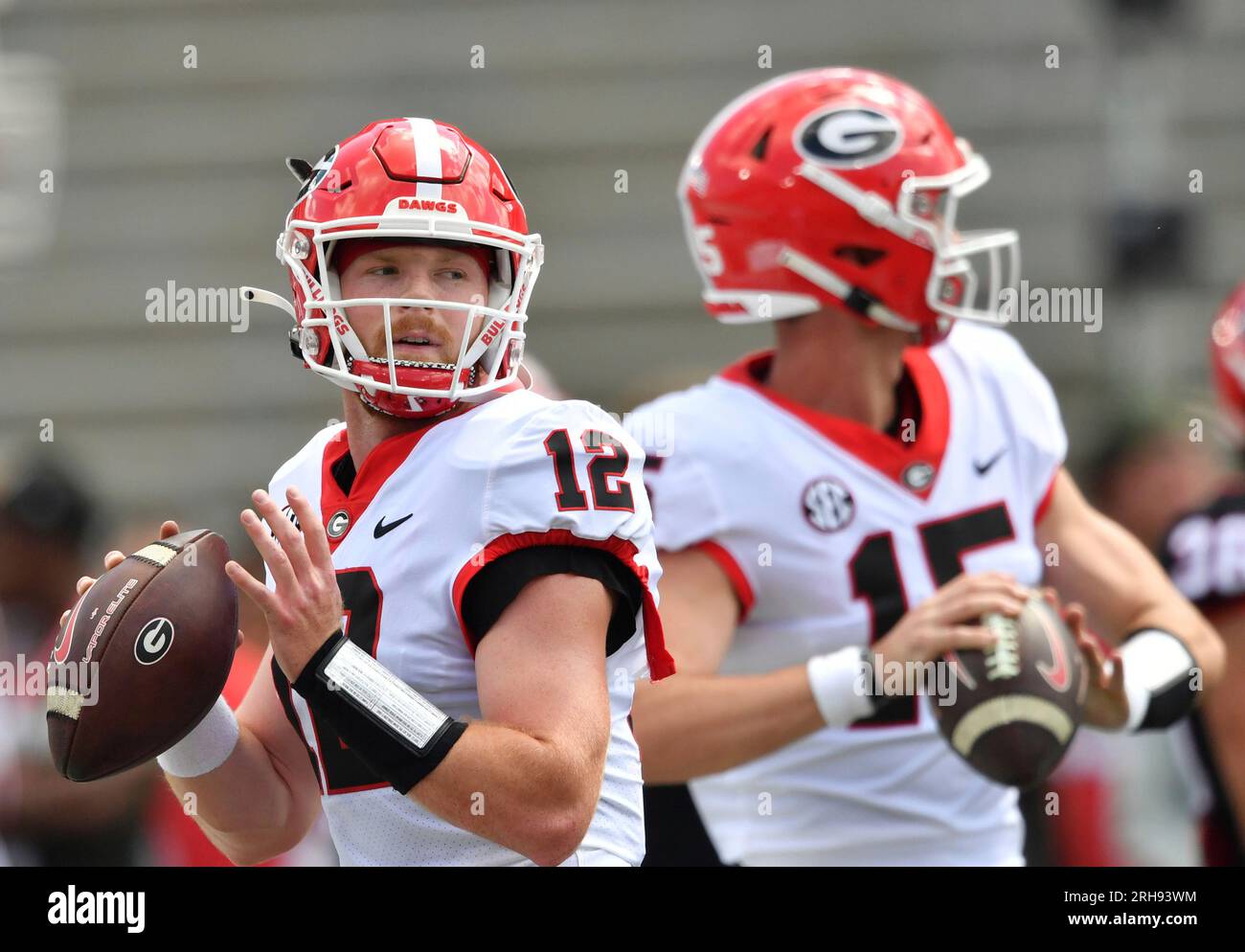 FILE - Georgia's quarterbacks Brock Vandagriff (12) and Carson Beck (15 ...