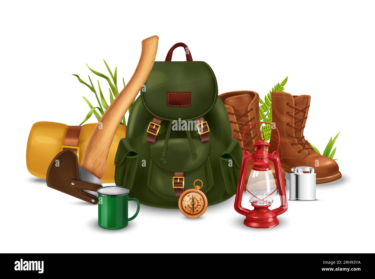 Realistic vintage camping composition with backpack roll mat cup ...