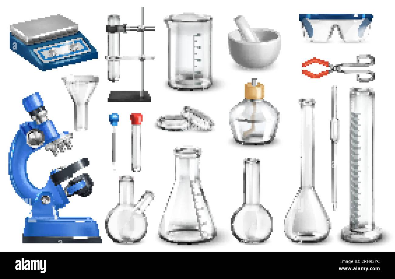 Realistic laboratory set with isolated images of glass jars and flasks ...