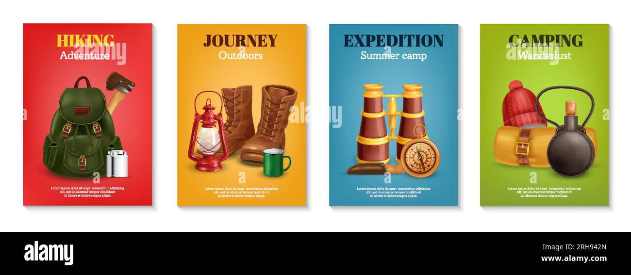 Realistic vintage camping set of four vertical posters with text and ...