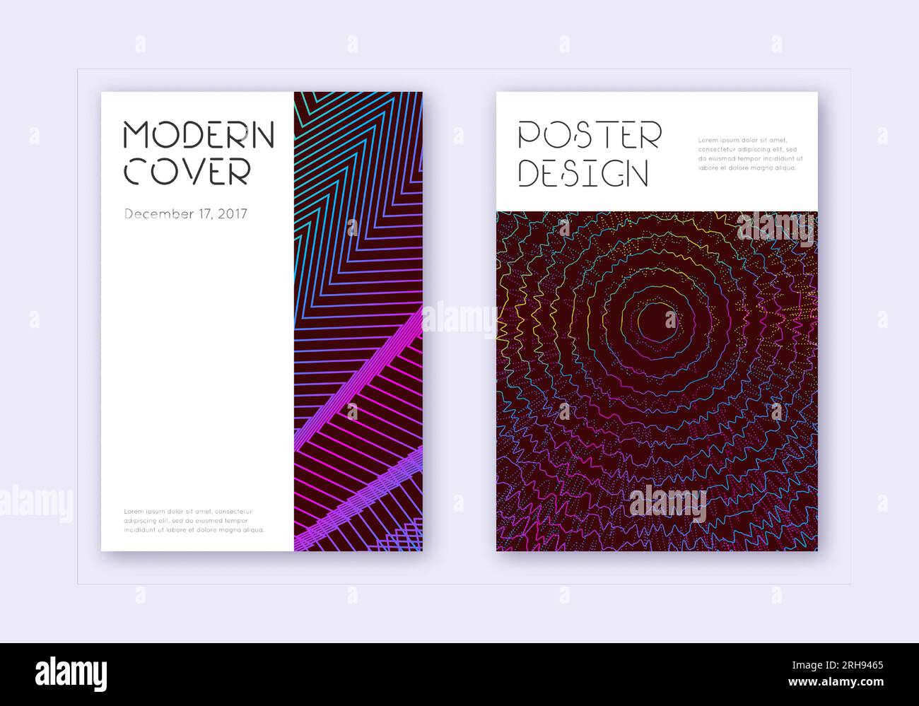 Minimal cover design template set. Rainbow abstract lines on wine red ...