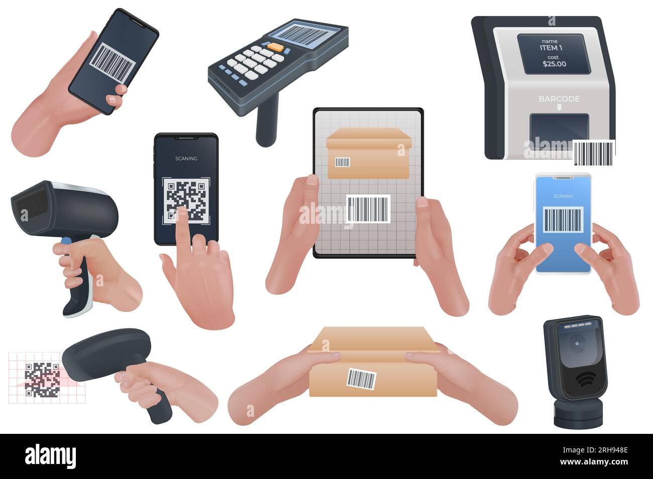 Scan codes set of realistic icons with isolated human hands holding ...