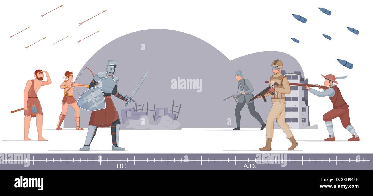 War evolution history flat composition with flying arrows artillery ...