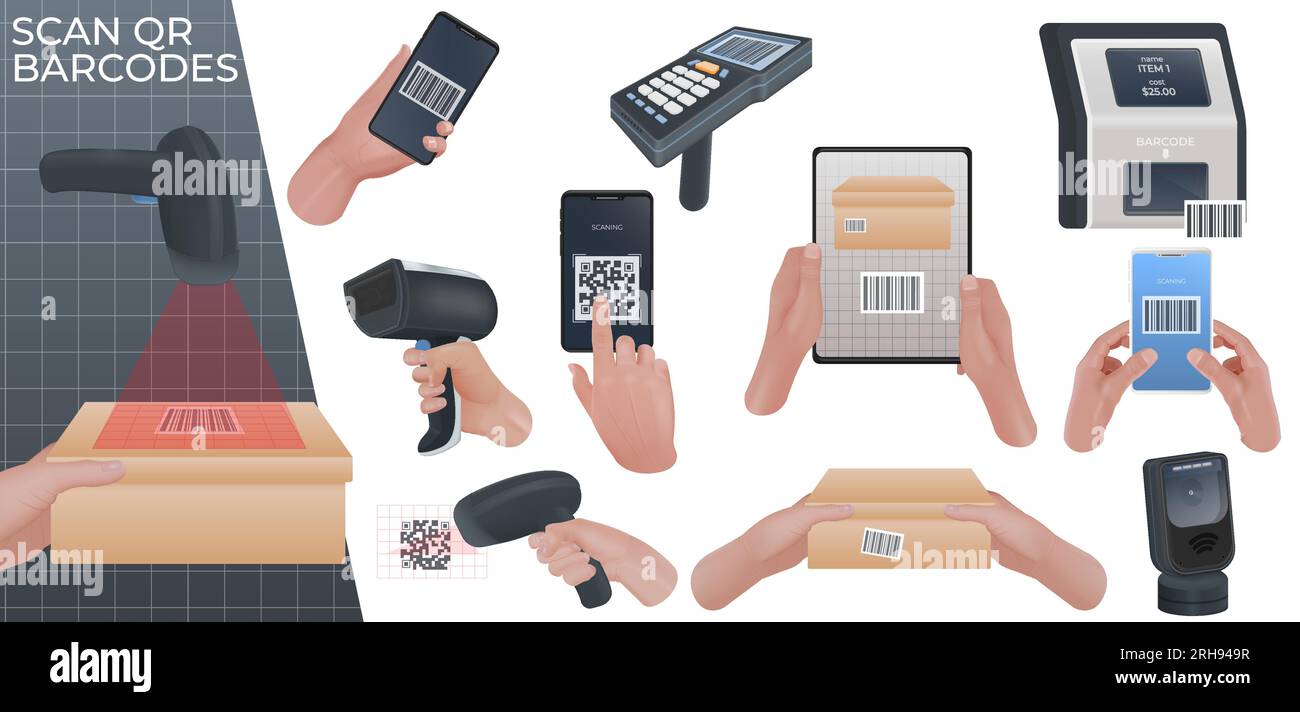 Scan codes realistic composition of human hand holding box being scanned and set of isolated ...