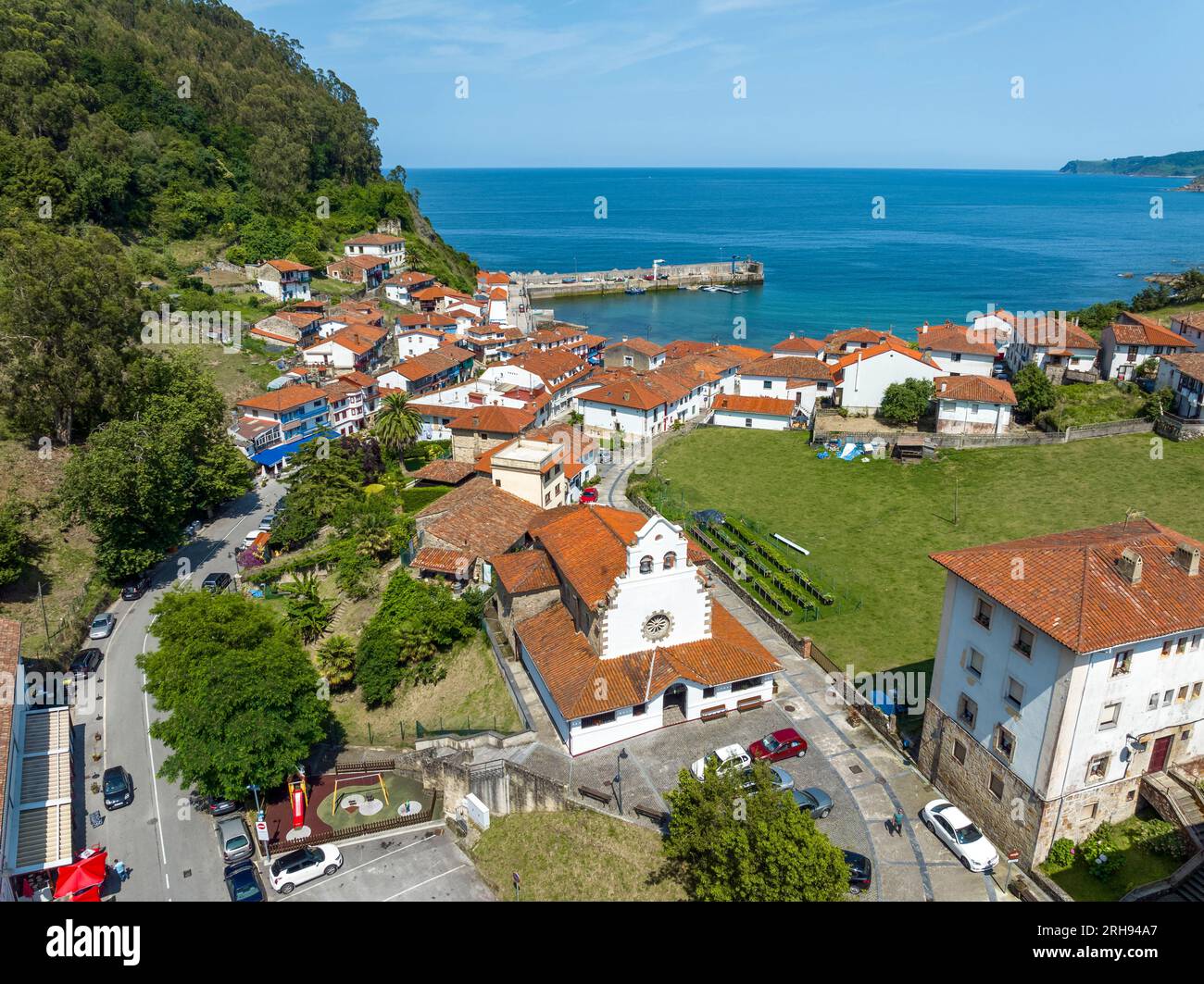Aerial view Church of Iglesia San Miguel in Tazones Asturias Spain ...