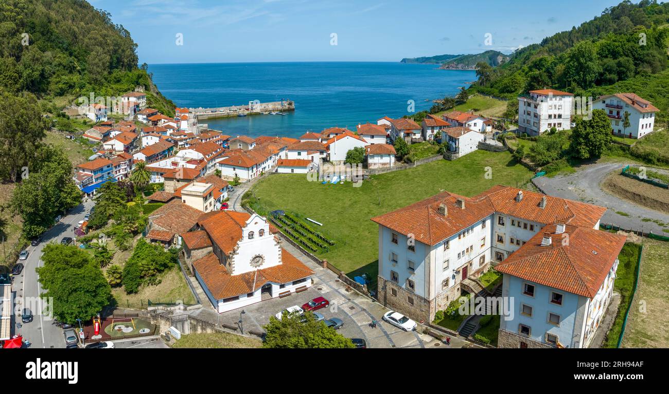 Aerial view panoramic Church of Iglesia San Miguel in Tazones Asturias ...