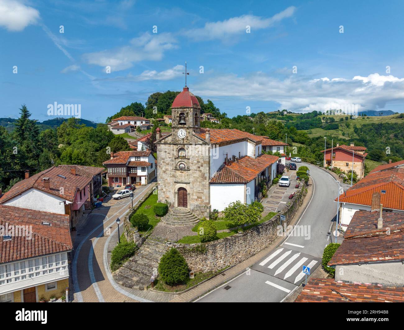 Aerial view of 16th-century San Martín el Real Church in Torazo ...