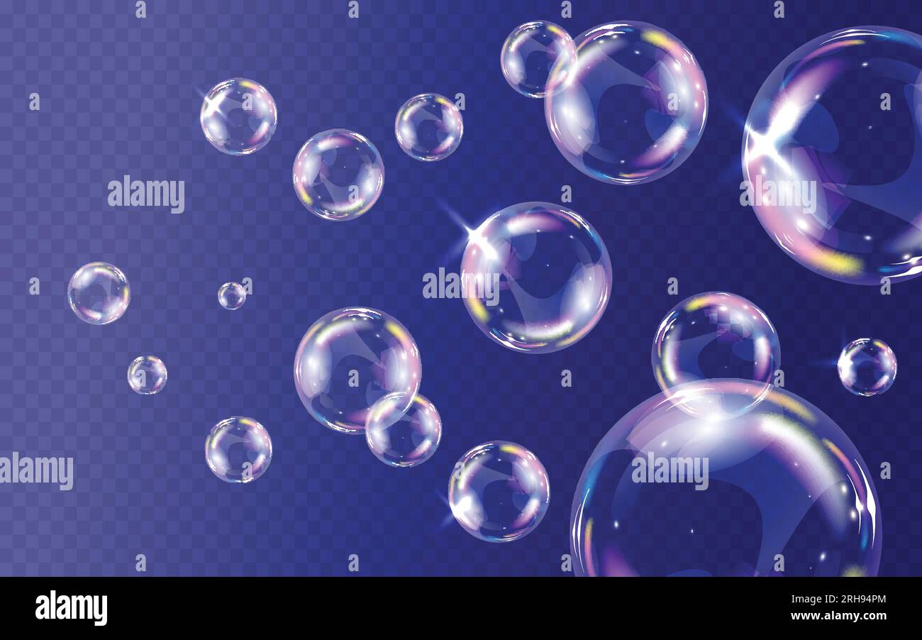 Realistic soap bubbles in rainbow color on transparent background ...