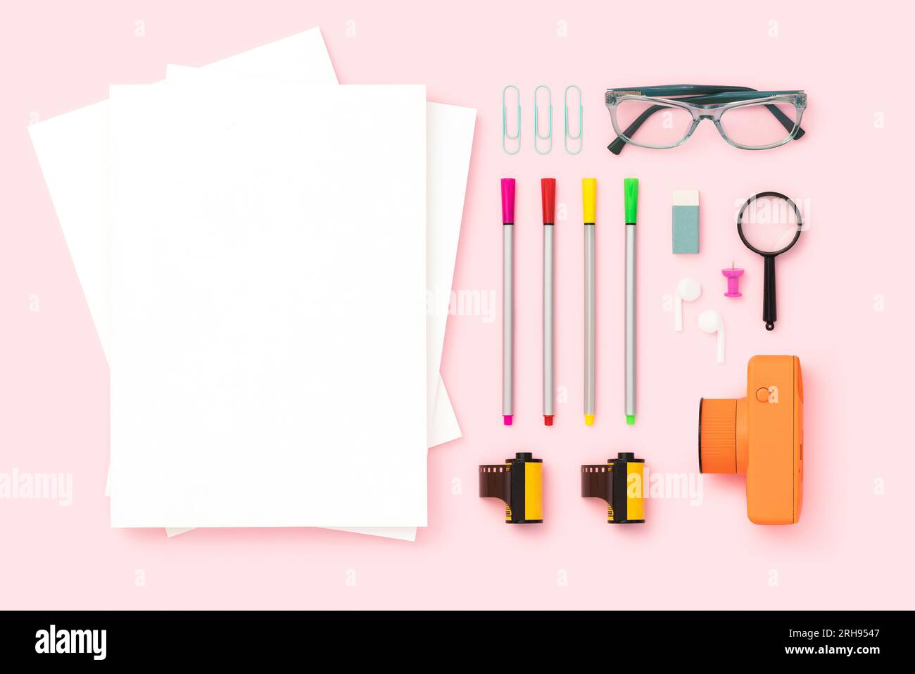 Things on my desk flat lay. Back to school flat lay on pink background ...