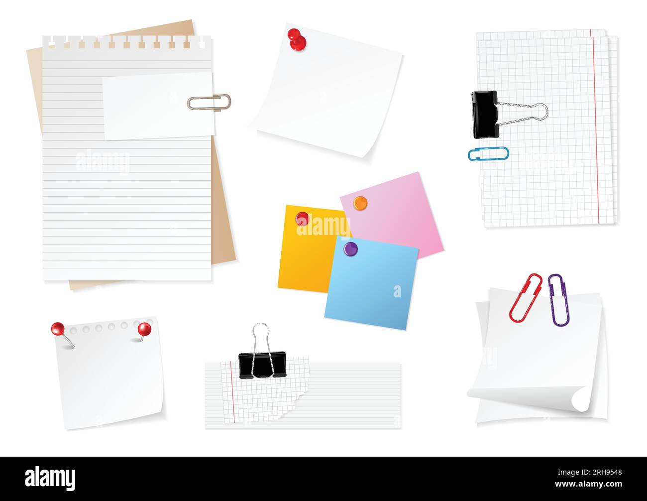 Realistic office paperclip set with isolated empty ragged paper sheets ...