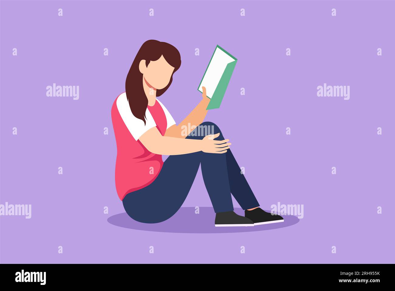 Cartoon flat style drawing young beautiful woman sitting on floor ...