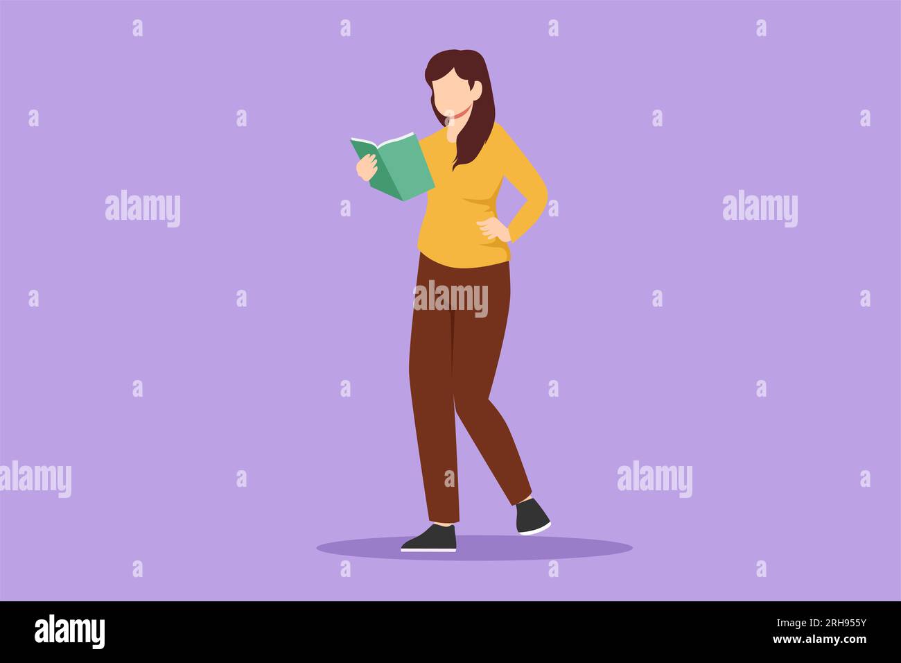 Cartoon flat style drawing happy beautiful woman standing and reading ...