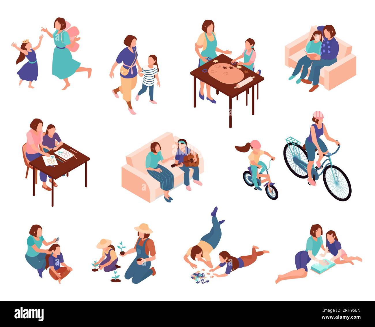 Motherhood isometric color set with mum and daughter doing various ...