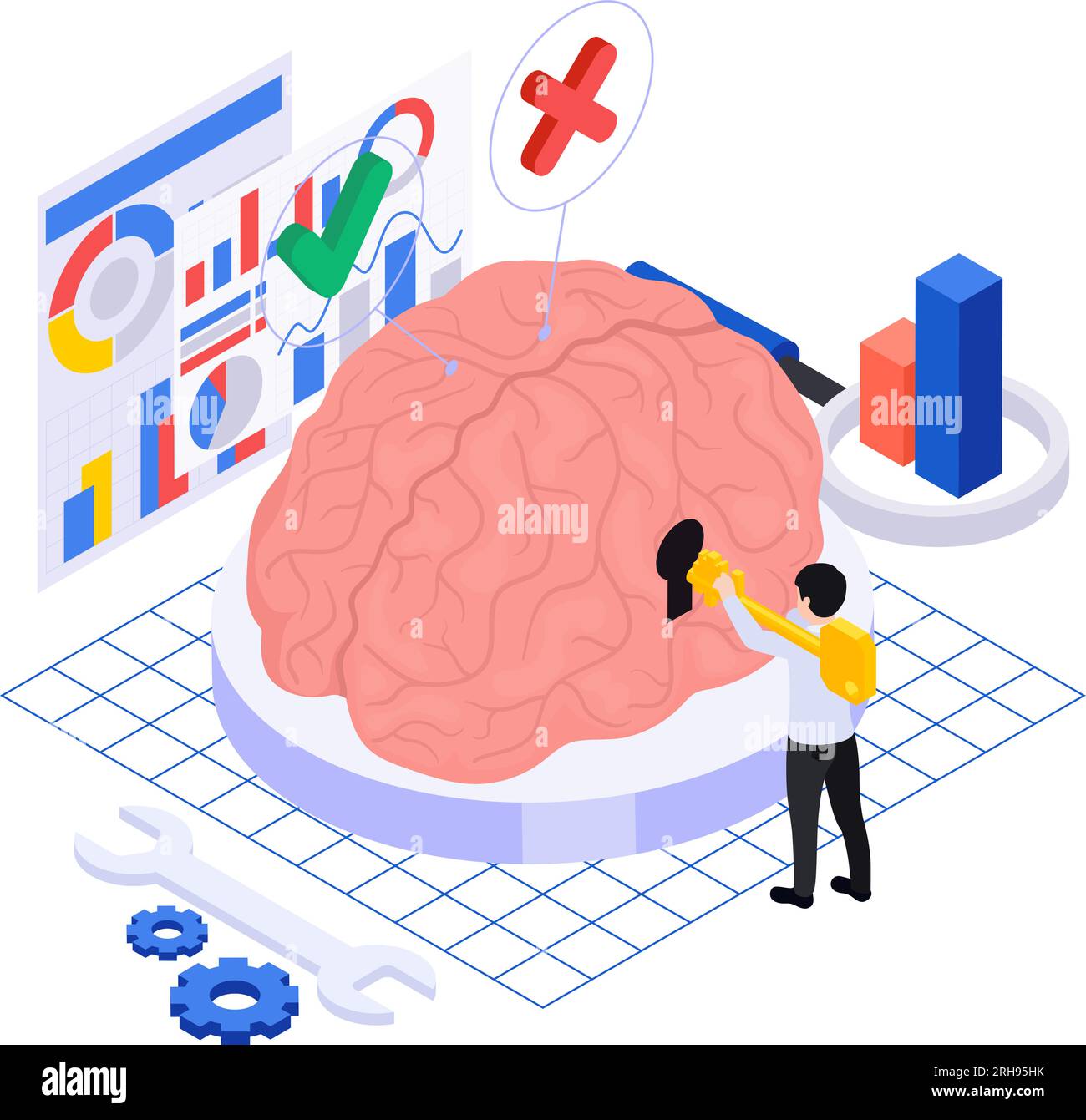 Isometric concept of neuromarketing with character using key to human brain 3d vector ...