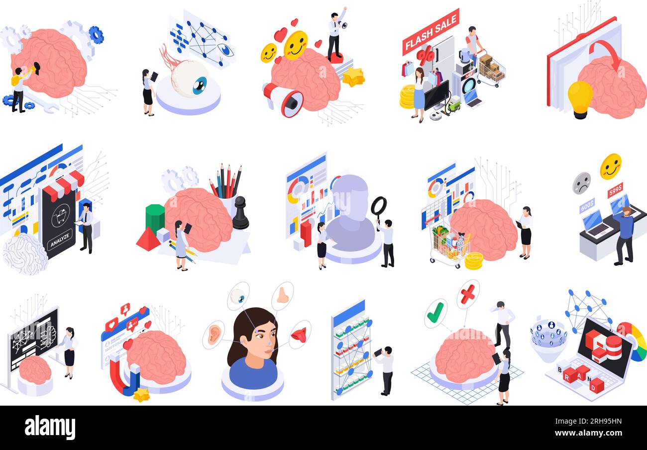 Neuromarketing technology isometric set with people analysing customers behaviour isolated 3d ...