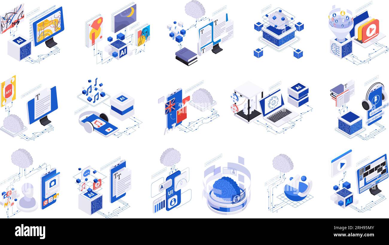 Ai powered content creation and generated art isometric set isolated ... Ai powered content creation and generated art isometric set isolated ...