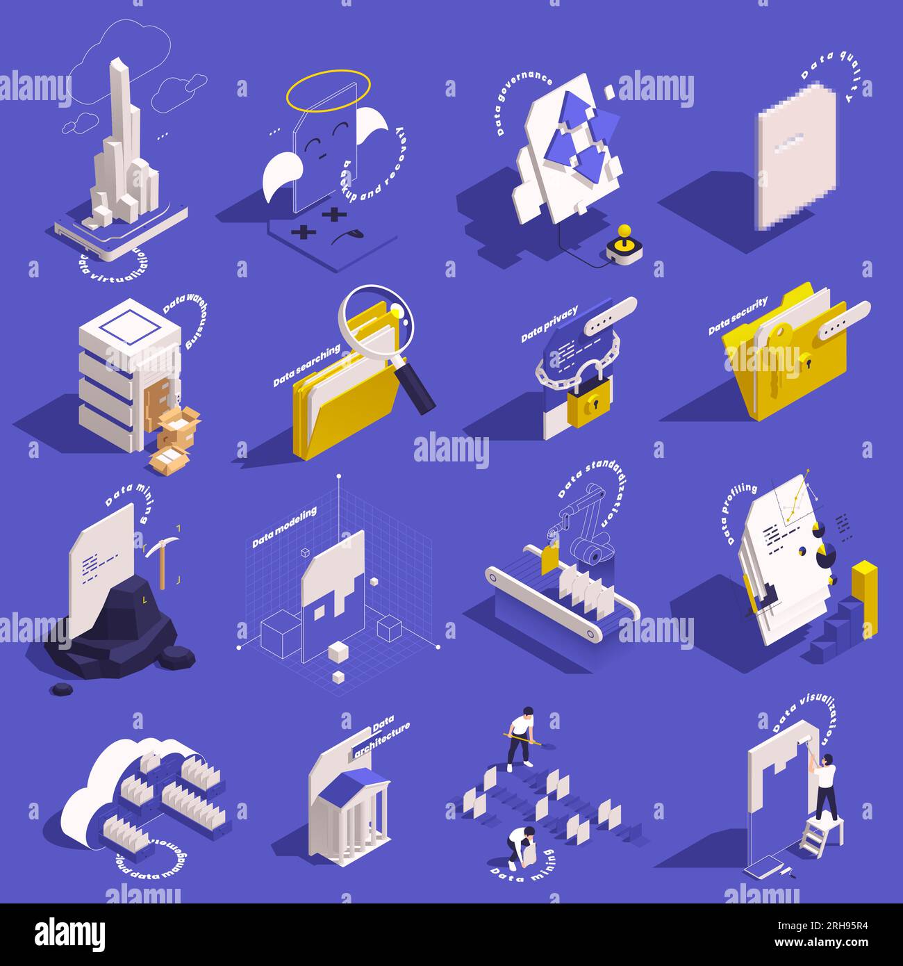 Data management concept set of isometric icons with isolated images of ...