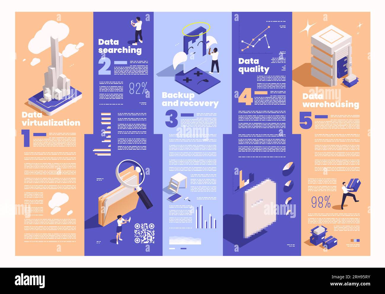 Data management concept icons isometric infographics with virtualisation searching backup and ...