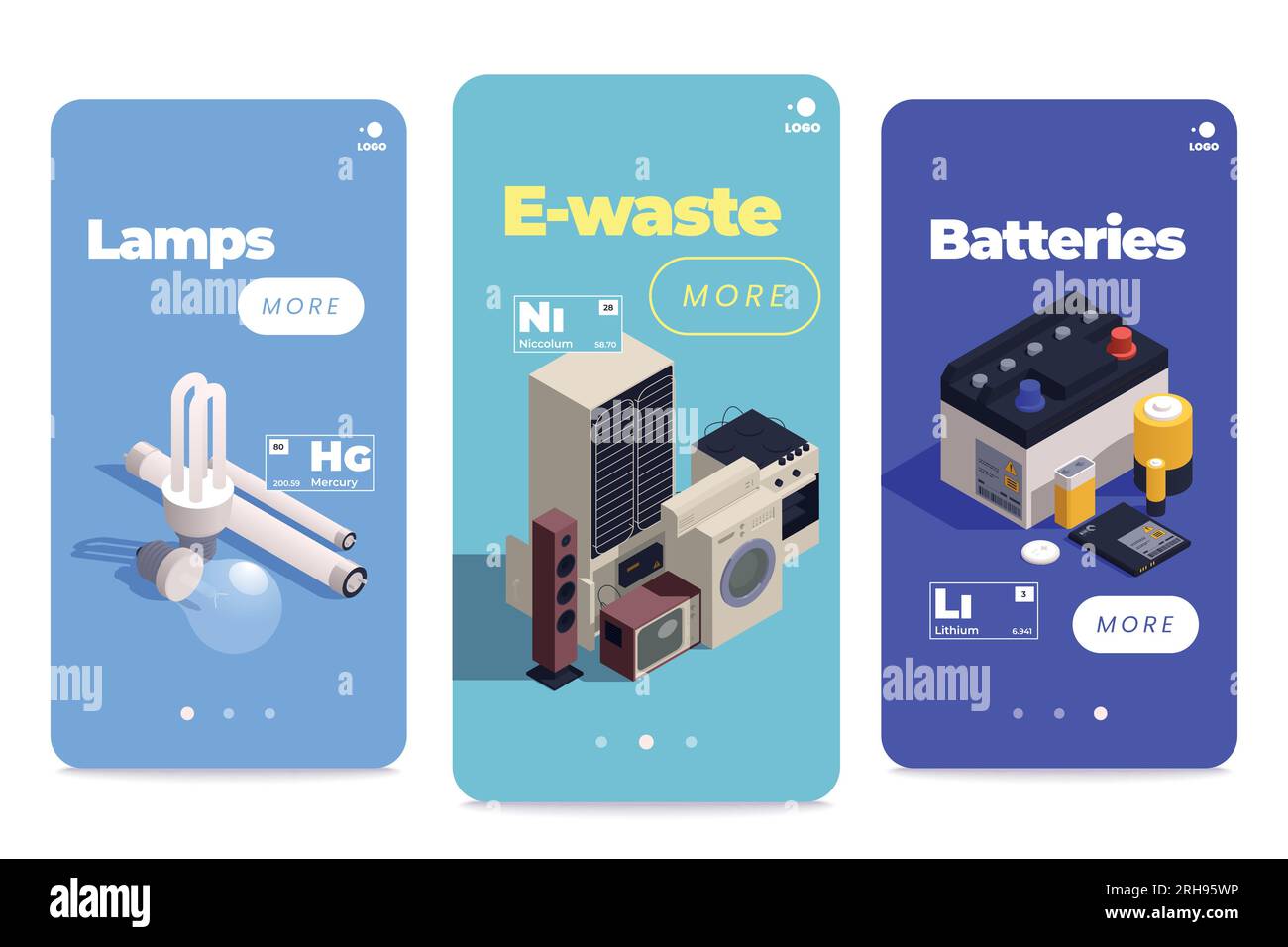 E-waste management isometric set of vertical banners with lamps ...